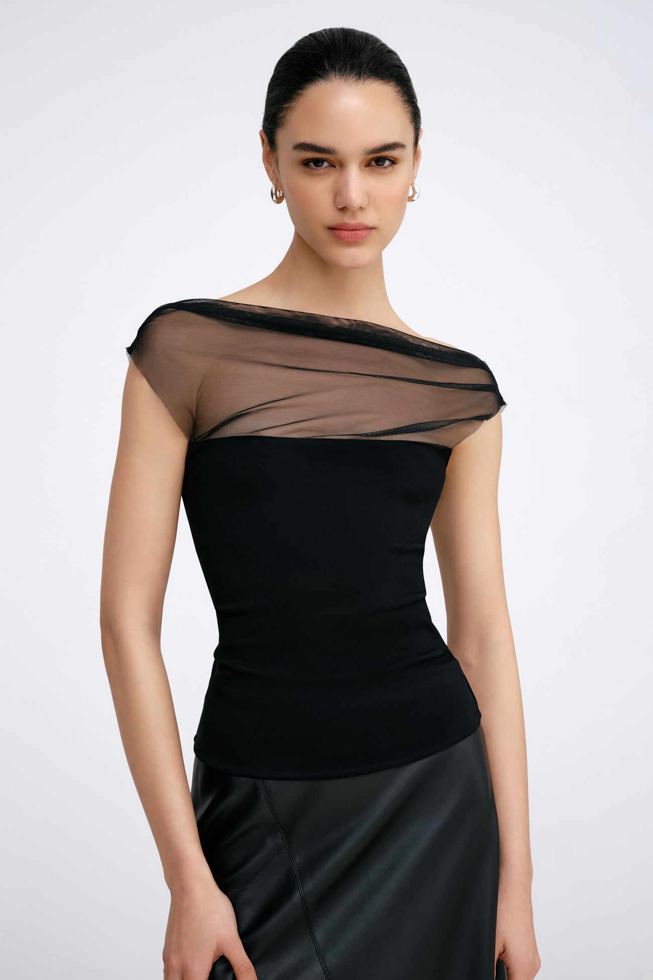 Sheer Mesh Neckline Off-Shoulder Black Top - Cabrini Top | Marcella