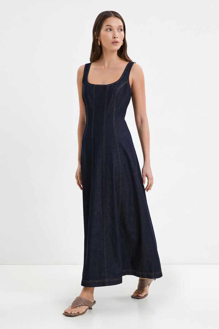 Dark Blue Square Neck Maxi Denim Dress - Melrose Dress | Marcella