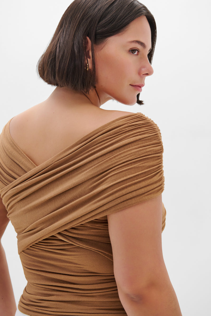 Tan Fitted Convertible Gathered Top - Alyssa Infinity Top | Marcella