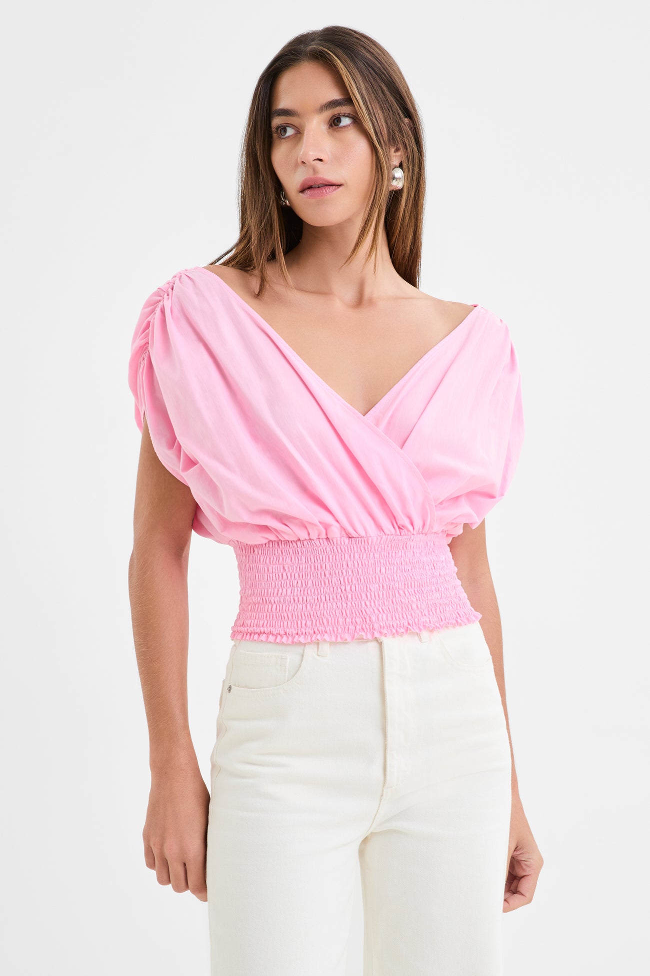 Women's Off The Shoulder Pink Cotton V-Neck Blouse - Signe Top | Marcella