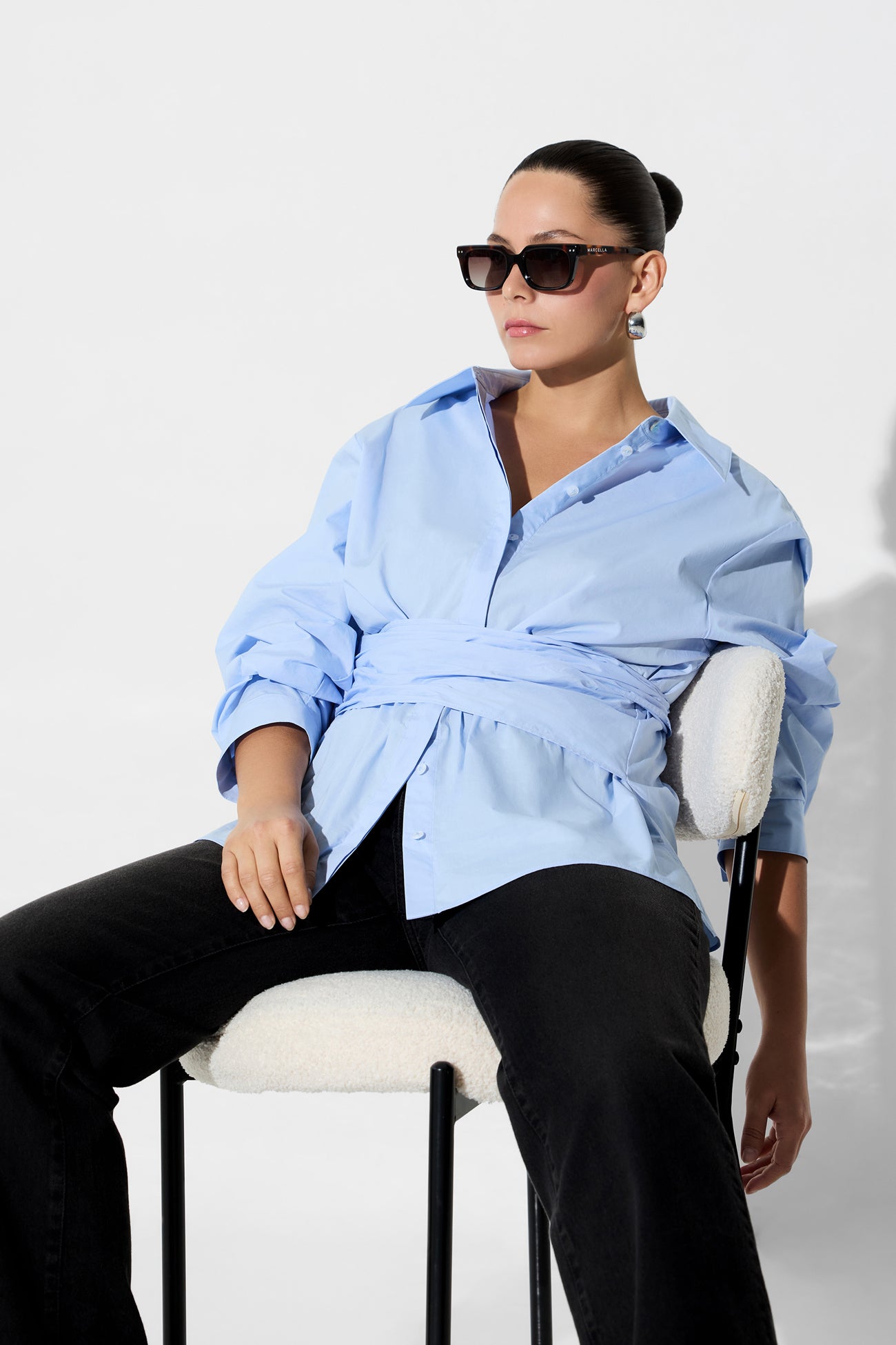 Women's Light Blue Cotton Shirt with Tie-Waist | Marcella